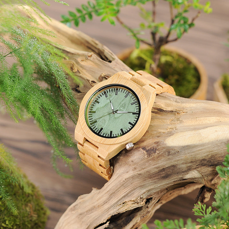 Fashion Bamboo Watch With Green Dial in Gift Box