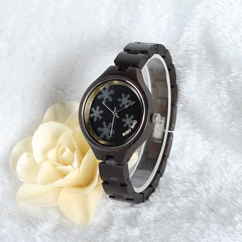 Simple Women's Snowflake Design Wooden Watches in Wooden Gift Box