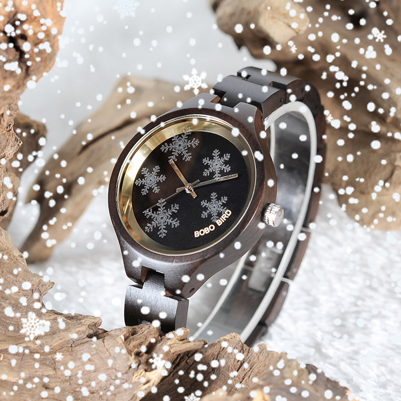 Simple Women's Snowflake Design Wooden Watches in Wooden Gift Box