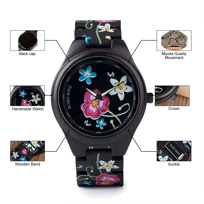 Fashion Colorful Flower Print Wood Watch For Women in Wood Gift Case-