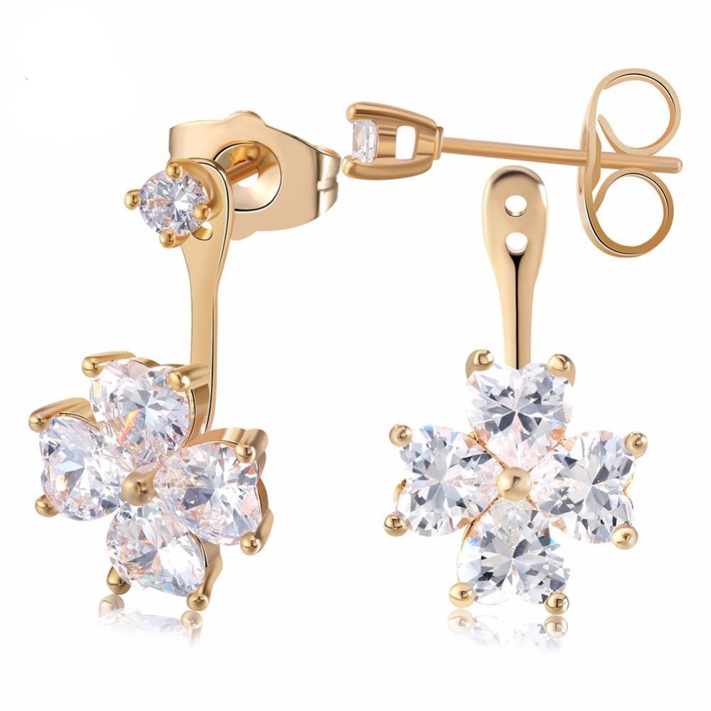 Women's Flower Crystal Stud Earring With Shiny Heart Shape Austrian Cu